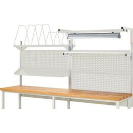 Rau System-Aufbau Komplettset 06, Breite 3000 mm, 4 Systemst&uuml;tzen, 3 Lochplatten, Metallablage, Halteschiene, Kartonagenmagazin, lichtgRau/lichtgRau
