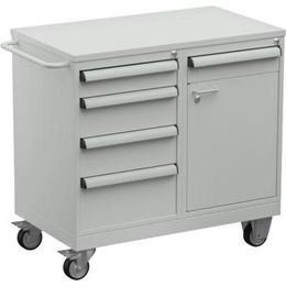 treston Werkzeugwagen TWIN 1 ESD, Stahlauflage, bis 300 kg, 5 Sch&uuml;be, 1 Schrankfach, abschlie&szlig;bar, Schiebeb&uuml;gel, Stahl, lichtgrau RAL 7035