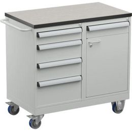 treston Werkzeugwagen TWIN 1, Vinyl-Platte, bis 300 kg, 5 Sch&uuml;be, 1 Schrankfach, abschlie&szlig;bar, Schiebeb&uuml;gel, Stahl, lichtgrau RAL 7035