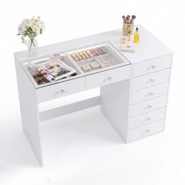 Vanitii Schminktisch, Wei&szlig;, Holzwerkstoff, Mode, 8 Schubladen, Rechteckig,Rechteckig, 55x81x120 cm, Wohnzimmer, Wohnzimmertische, Konsolentische
