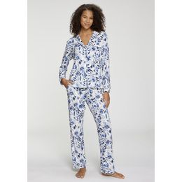 Lascana Pyjama mehrfarbig Gr. 36/38 f&uuml;r Damen. V-Ausschnitt und Allover-Druck. Figurumspielend. Nachhaltig.