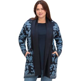 sheego Damen Longstrickjacke mit Jacquard-Muster tiefblau-gemustert Gr&ouml;&szlig;e 48/50