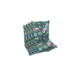 Sesselauflagenset, Blau, Gr&uuml;n, Rosa, Textil, 4-teilig, Flamingo, F&uuml;llung: Schaumstoff, Vlies, 50x7x100 cm, Oeko-Tex&reg; Standard 100, pflegeleicht, hochwertige Qualit&auml;t, langlebig, f&uuml;r den Au&szlig;enbereich geeignet, mittels B&auml;ndern zu befestigen, Gurtband befestigen, Outdoor-Kissen, Gartenstuhlauflagen, Niedriglehner-Auflagen