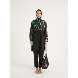 Riva Mera By Marina Badeanzug 'Burkini Modest Swimwear Set 4-Teilig Schwarz mit bunter Aufschrift "Riva Mera by Marina" R2505' Damen Gr&ouml;&szlig;e S/M schwarz