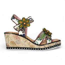 Laura Vita Damen Ballon 08 Beige Espadrille-Sandalen aus Leder mit Keilabsatz und Blumenmuster