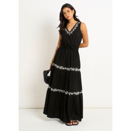 Schwarzes Maxikleid mit Blumenstickerei und Stufenrock