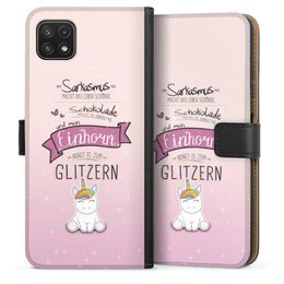 DeinDesign Galaxy A22 5G Handy Klapph&uuml;lle Handyh&uuml;lle aus Kunst Leder schwarz Flip Case Glitzer Statement Einhorn Sideflip mit langer Lasche