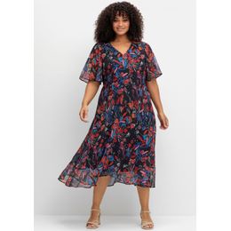 sheego Damen Chiffonkleid mit Blumendruck und Volant am Saum, marine-gemustert, Gr&ouml;&szlig;e 56
