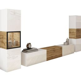 P & B Wohnwand Berlin, Wei&szlig;, Eiche Wotan, Holzwerkstoff, 3-teilig, 8 F&auml;cher, kaltwei&szlig;, 240x130x31 cm, Fsc, stehend, h&auml;ngend, Beleuchtung, spiegelbildliche Montage m&ouml;glich, Wohnzimmer, Wohnw&auml;nde, Anbauw&auml;nde