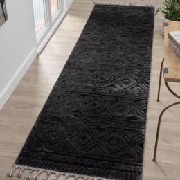 Teppich OTTO HOME, B:80cm H:19mm L:300cm, schwarz, Kunstfaser, Wohnzimmer, Teppiche, "Bonvo", mit Fransen, Hoch-Tief-Struktur, Wohnzimmer,