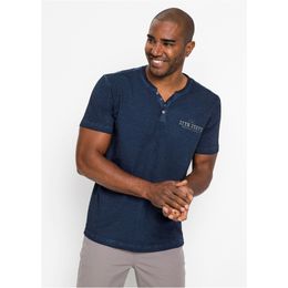 bonprix Herren Henleyshirt, blau, Gr. 64, meliert, unifarben, washed, Jersey, Obermaterial: 100% Baumwolle, Shirts, Regular fit, Kurzarm, aus