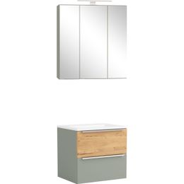 Badm&ouml;bel-Set Welltime, B:60cm H:200cm T:47cm, grau, MDF, Kastenm&ouml;bel-Sets, "TRIENT, Set: Spiegelschrank und Waschtisch", schilfgr&uuml;n/wildeiche,