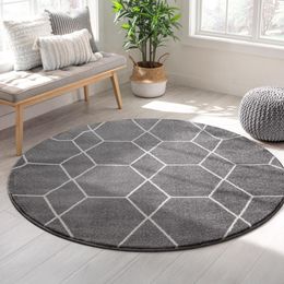 Teppich Sanat, H:10mm &Oslash;:200cm, grau, Kunstfaser, Wohnzimmer, Teppiche, "Trellis, auch als L&auml;ufer und Rund", Kurzflor, skandi, boho, gro&szlig;e