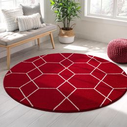 Teppich Sanat, H:10mm &Oslash;:120cm, rot, Kunstfaser, Wohnzimmer, Teppiche, "Trellis, auch als L&auml;ufer und Rund", Kurzflor, skandi, boho, gro&szlig;e Farbauswahl,