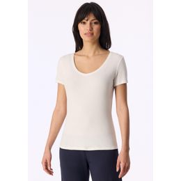 Schiesser Damen T-Shirt "Natursch&ouml;nheit", Gr. 34, beige, Feinripp, Obermaterial: 95% Baumwolle, 5% Elasthan, Shirts, mit V-Ausschnitt, kurzem Arm,