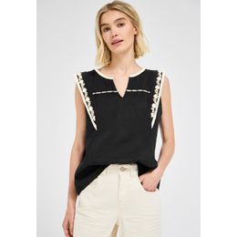 Damen Blusentop, schwarz, Gr. 44, STREET ONE STUDIO, unifarben, Web, 100% Baumwolle, Blusen, mit geschlitztem Rundhalsausschnitt