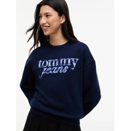 Tommy Jeans Damen Sweatshirt "TJW BXY CHECK SCRIPT CREW", blau, Gr. L, bedruckt, Sweatware, Obermaterial: 85% Baumwolle, 15% Polyester, Sweatshirts,