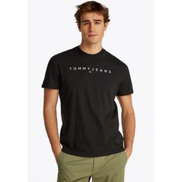Tommy Jeans Herren T-Shirt "TJM REGULAR LINEAR LOGO EXT", schwarz, Gr. XL, bestickt, unifarben, Single Jersey, Obermaterial: 100% Baumwolle, Shirts,