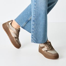 Tamaris Damen Plateausneaker, Gr. 37taupe, gold, Leder, Lederimitat, kontrastfarbene Details, metallic, Basic, Schuhe, Freizeitschuh, Plateausneaker