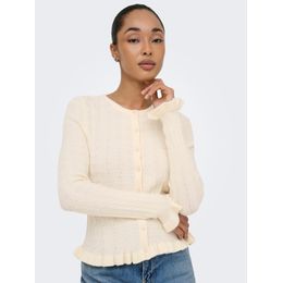 Only Damen Strickjacke "ONLIBI LS O-NECK FRILL CARDI EX KNT", beige, Gr. L, unifarben, Strick, Obermaterial: 50% Viskose, 27% Nylon, 23% Polyester,