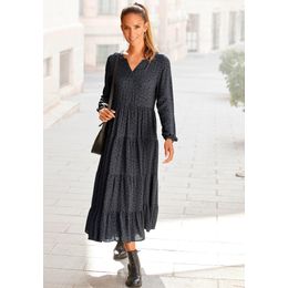 Lascana Damen Maxikleid "mit Animalprint und Volants aus gewebter Viskose, locker bequemer Look", schwarz, Gr. 42, bedruckt, Web, Obermaterial: 100%