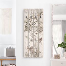 Bilderwelten Wandgarderobe beige Tiere Vintage Holzoptik - Welcome with Butterfly - Retro Garderobenpaneel Flur