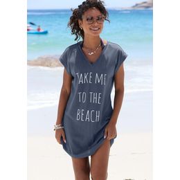BEACHTIME BY LASCANA Longshirt 'mit gl&auml;nzendem Foliendruck vorne, kurzes T-Shirt-Kleid' rauchblau Gr. 36/38 f&uuml;r Damen. V-Ausschnitt und Druck. 