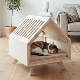 Schlafh&uuml;tte MCW-Q65, f&uuml;r Haustiere Katzen-/Hundebett Tierhaus Holz MVG 58x50x60cm ~ natur, Kissen beige