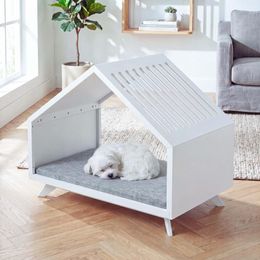 Schlafh&uuml;tte MCW-Q65, f&uuml;r Haustiere Katzen-/Hundebett Tierhaus Holz MVG 80x100x60cm ~ wei&szlig;, Kissen grau