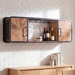 Weinregal MCW-Q82, Glas-/Flaschenhalter Wandregal Weinhalter, Metall Holz 39x120x23cm ~ braun, schwarz