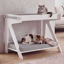 Tierbett MCW-Q63, f&uuml;r Haustiere Tierhaus Katzen-/Hundebett Haustierliege Holz MVG 45x61x38cm ~ wei&szlig;, Kissen grau