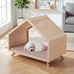 Schlafh&uuml;tte MCW-Q65, f&uuml;r Haustiere Katzen-/Hundebett Tierhaus Holz MVG 80x100x60cm ~ natur, Kissen beige