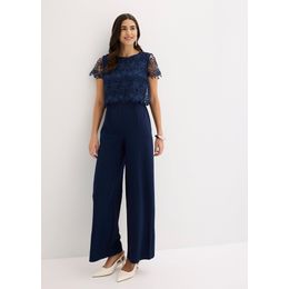 bonprix Jumpsuit aus softem Scuba mit Spitze, blau, Gr.40, Kurz&auml;rmliger Jumpsuit mit Spitze und weitem Bein