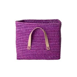 Rice Raffia Aufbewahrungskorb mit Lederschlaufen 30x30x25 cm L30 x B30 x H25cm, lila