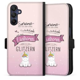 DeinDesign Galaxy A15 Handy Klapph&uuml;lle Handyh&uuml;lle aus Kunst Leder schwarz Flip Case Glitzer Statement Einhorn Sideflip mit Lasche