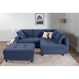 Collection AB Ecksofa &raquo;Toni L-Form, 2 tlg. Set Sofa und Hocker, B: 215 cm&laquo; mit Schlaffunktion, Liegefl&auml;che 190x178cm, Federkern, 2 Zierkissen blau 100