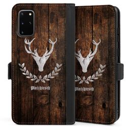 DeinDesign Galaxy S20 Plus 5G Handy Klapph&uuml;lle Handyh&uuml;lle aus Kunst Leder schwarz Flip Case Wooden Look Deer Wood Sideflip mit Lasche