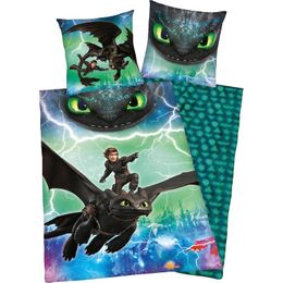 Quelle Kinderbettw&auml;sche &raquo;Dragons Abenteuer&laquo; 2 Stk. mit Glow in the Dark Effekt gr&uuml;n Renforc&eacute;, Obermaterial: 100% Baumwolle B/L: 135cm x 200cm, 1 Stk., 1 Stk.