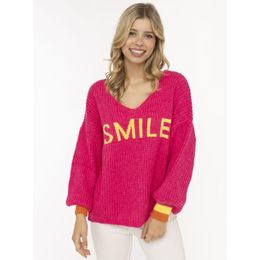 Zwillingsherz Damen Strickpullover &raquo;"Smile"&laquo; Langarm, One Size, V-Ausschnitt, Neon-Details, Schriftzug pink Einheitsgr&ouml;&szlig;e