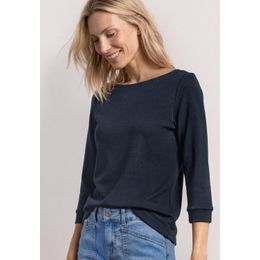 Street One Damen Langarmshirtschwarzest blau, Gr. 46, unifarben, Web, 100% Baumwolle, Shirts, mit U-Boot-Ausschnitt