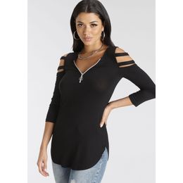Melrose Damen 3/4-Arm-Shirt, schwarz, Gr. 36, unifarben, Jersey, Obermaterial: 95% Viskose, 5% Elasthan, Shirts, 3/4-&Auml;rmel, figurbetonte Passform,