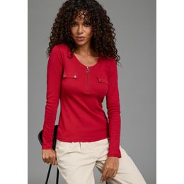 Bruno Banani Damen Longsleeve, rot, Gr. 40, unifarben, Rippware, Obermaterial: 100% Baumwolle, Shirts, mit Rundhalsausschnitt, figurbetonte Passform,