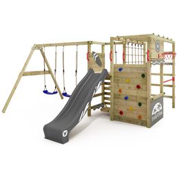 Kletterger&uuml;st Smart Zone mit Doppelschaukel, Wellenrutsche, Kletterwand und Basketballkorb &ndash; Hochwertiger Abenteuerspielplatz aus Massivholz - Wickey