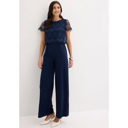 bonprix Damen Jumpsuit, blau, Gr. 44, Obermaterial: 95% Polyester, 5% Elasthan. Spitze: 100% Polyester, Overalls, mit kurzem Arm, figurumspielende