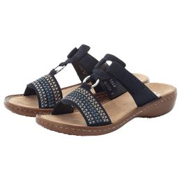 Rieker Damen Pantolette, Gr. 39, blau, Nubuklederimitat, kontrastfarbene Details, Schuhe, Keilabsatz, Sommerschuh, Schlappen mit sch&ouml;ner Stickerei