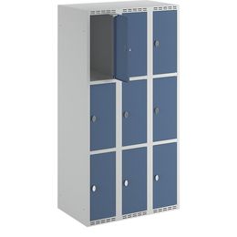 3er-Schlie&szlig;fachschrank Fydor, 3 Abteile, lichtgrau / brillantblau, B 900 mm, 3 Abteile, flache Dachform, Vorh&auml;ngeschloss kaiserkraft