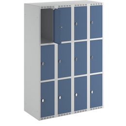 3er-Schlie&szlig;fachschrank Fydor, 4 Abteile, lichtgrau / brillantblau, B 1200 mm, 4 Abteile, flache Dachform, Vorh&auml;ngeschloss kaiserkraft