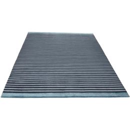 Theko Teppich &raquo;Miami 3286, Handwebteppich&laquo; rechteckig 8 mm H&ouml;he gestreift, handgewebt, aus Viskose & Wolle, Wohnzimmer blau Viskose B : 90cm 1 Stk., 