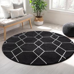 Sanat Teppich &raquo;Trellis, auch als L&auml;ufer und Rund&laquo; rund 10 mm H&ouml;he Kurzflor, skandi, boho, gro&szlig;e Farbauswahl, alle R&auml;ume schwarz-wei&szlig; Kunstfaser &Oslash; 200cm 1 