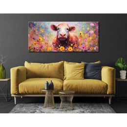 Leinwandbild &raquo;Wandbild BUNTE KUH 60x140 cm &ndash; Leinwandbild Keilrahmen Deko modern&laquo; Blumen Kuh K&uuml;he 1 Stk. tlg. auf Keilrahmen gespannt bunt Canvas, MDF